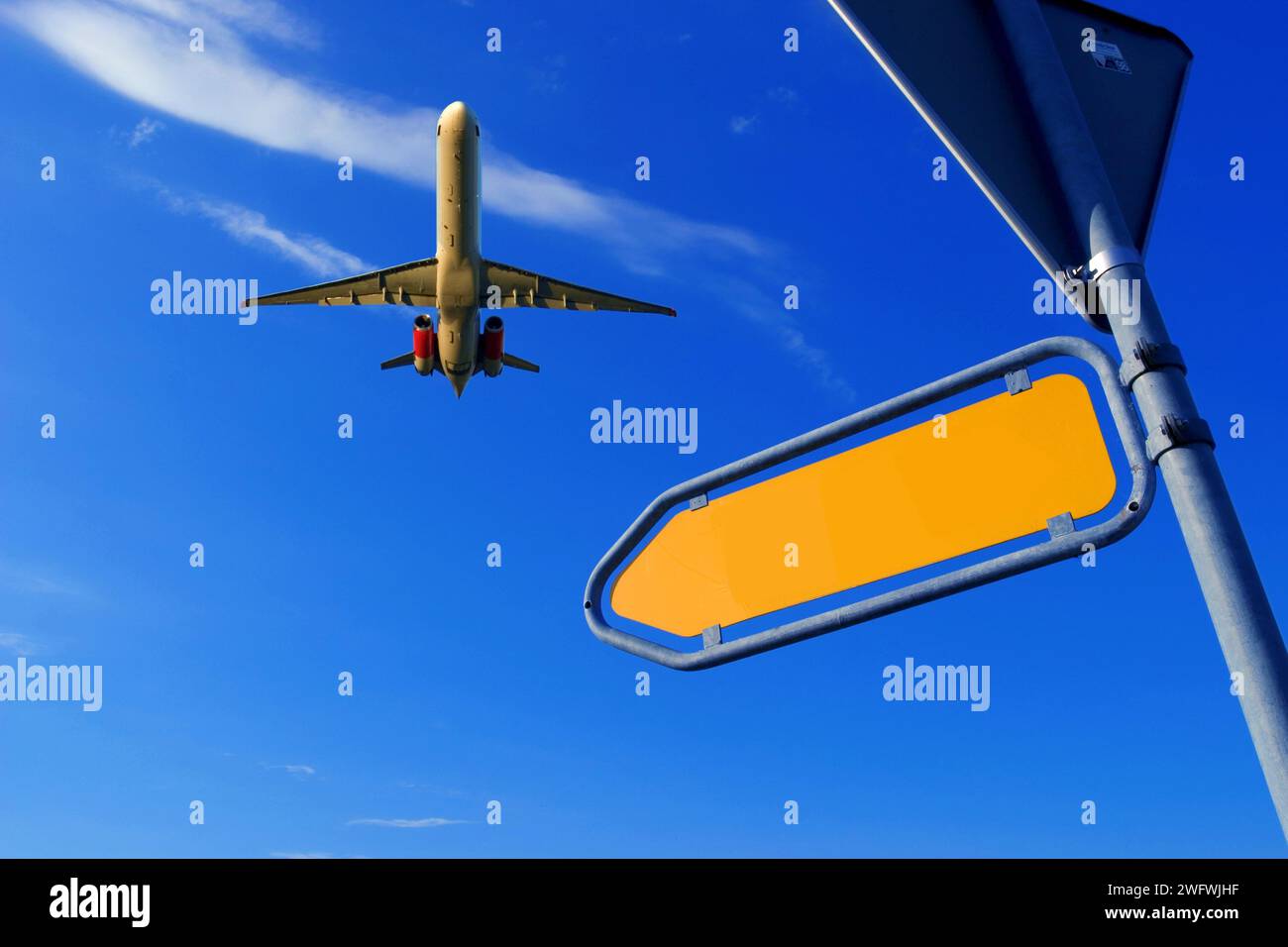 empty travel destination sign with a passenger airplane Stock Photo - Alamy