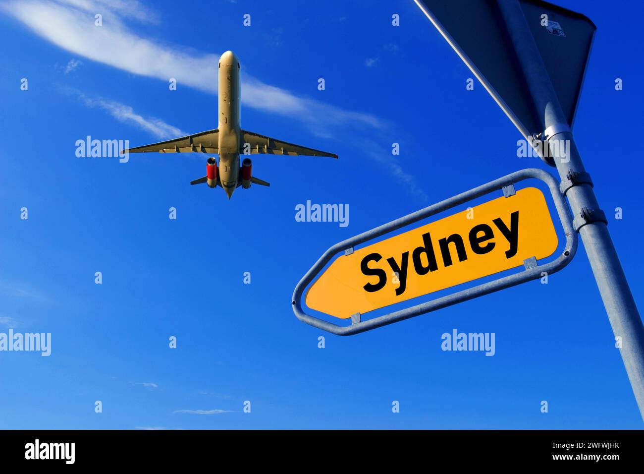 travel destination sign Sydney with a passenger airplane Stock Photo ...