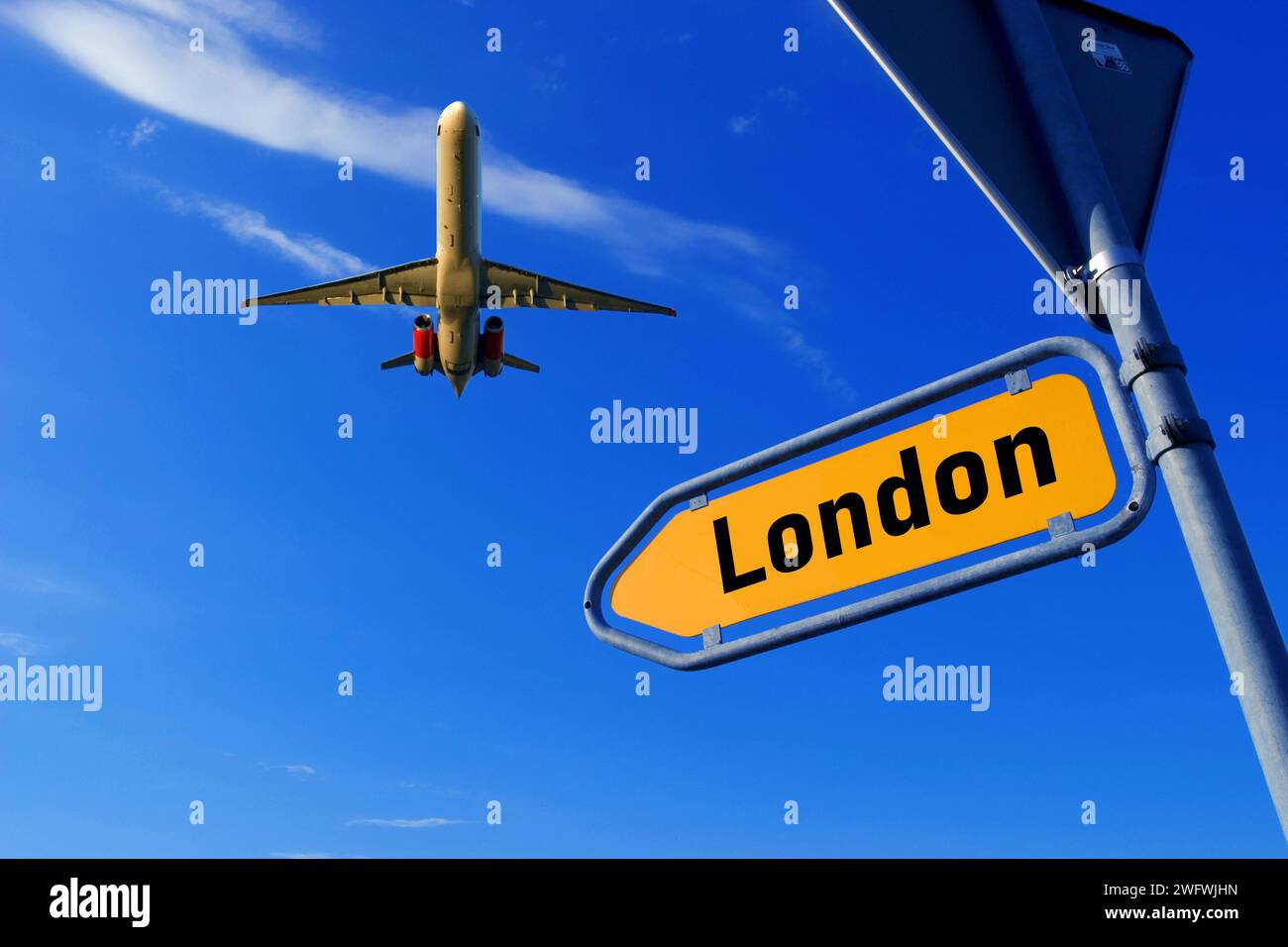 travel destination sign London with a passenger airplane Stock Photo ...