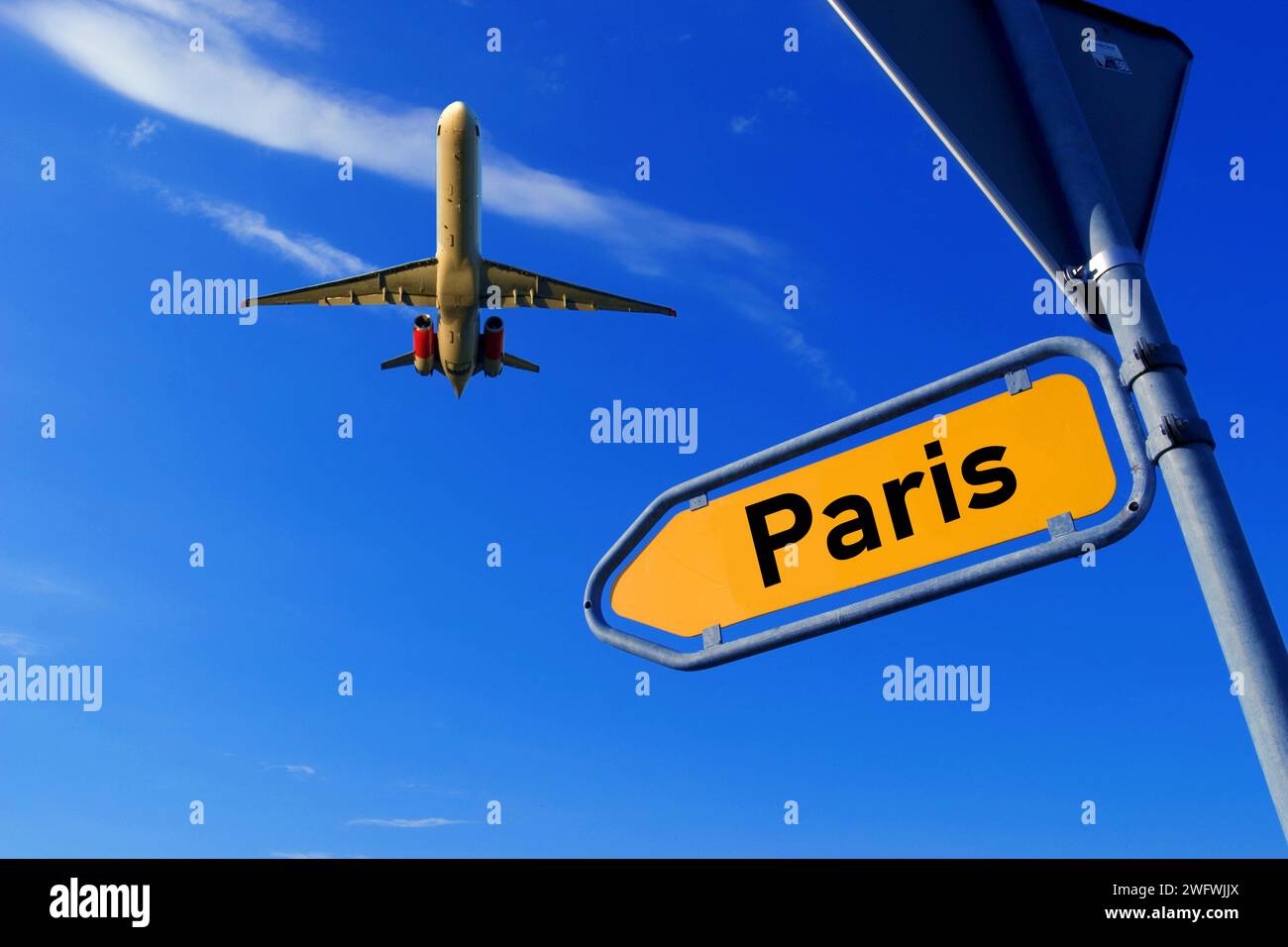 travel destination sign Paris with a passenger airplane Stock Photo - Alamy