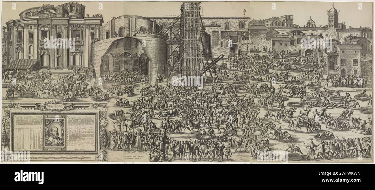 The establishment of the Obelisk on St. Pietersplein, 1586 print Men ...