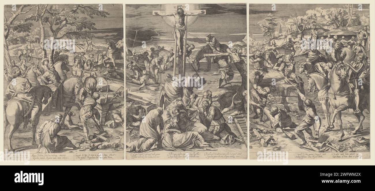 Crucifixion, c. 1580 - c. 1608 print Christ is crucified on Golgota while bystanders watch ...