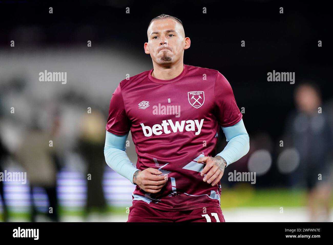 West Ham United's Kalvin Phillips warming up prior to kick-off before ...