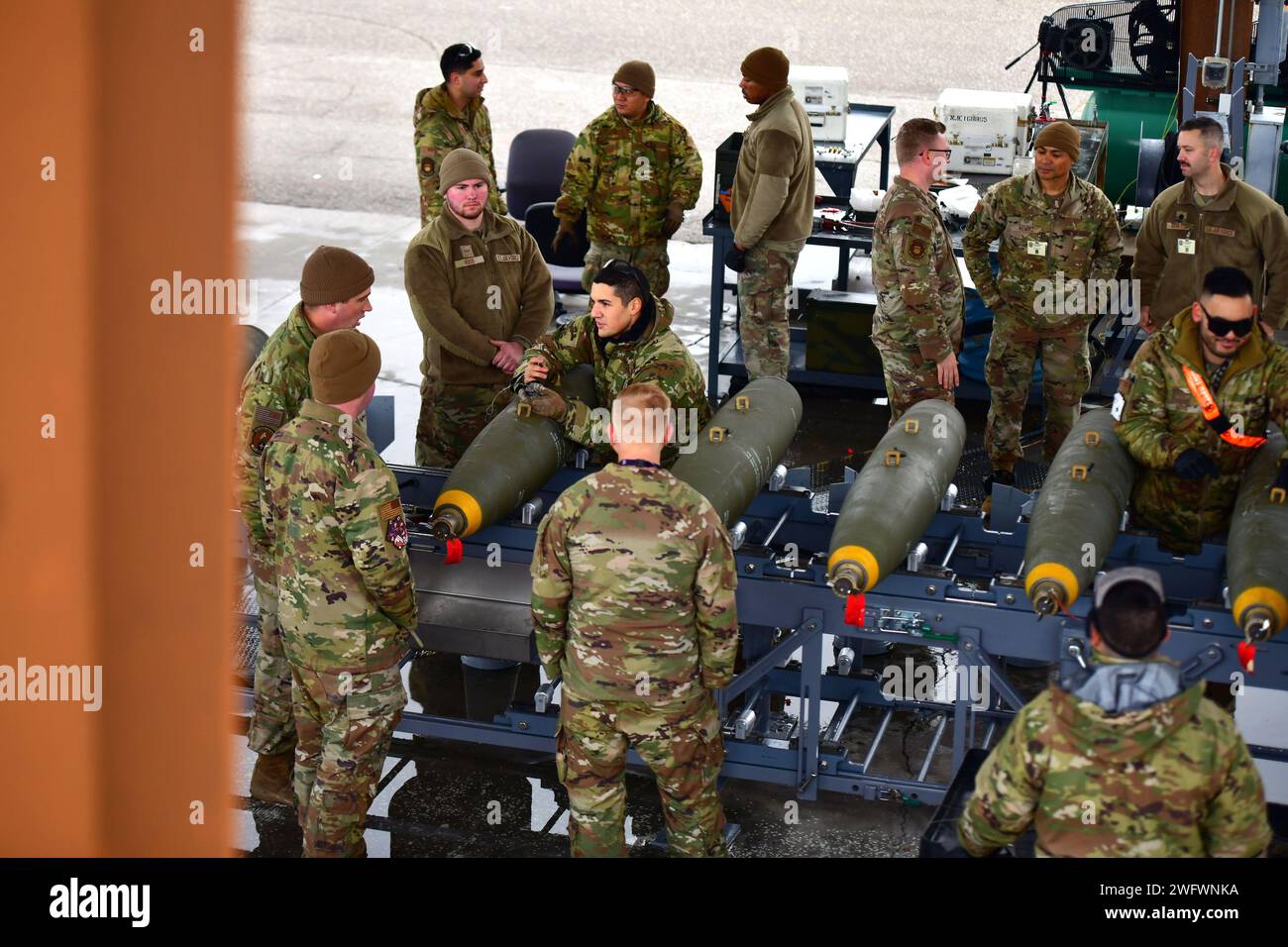 U.S. Air Force Airmen from the 31st and 57th Munitions Squadrons build ...