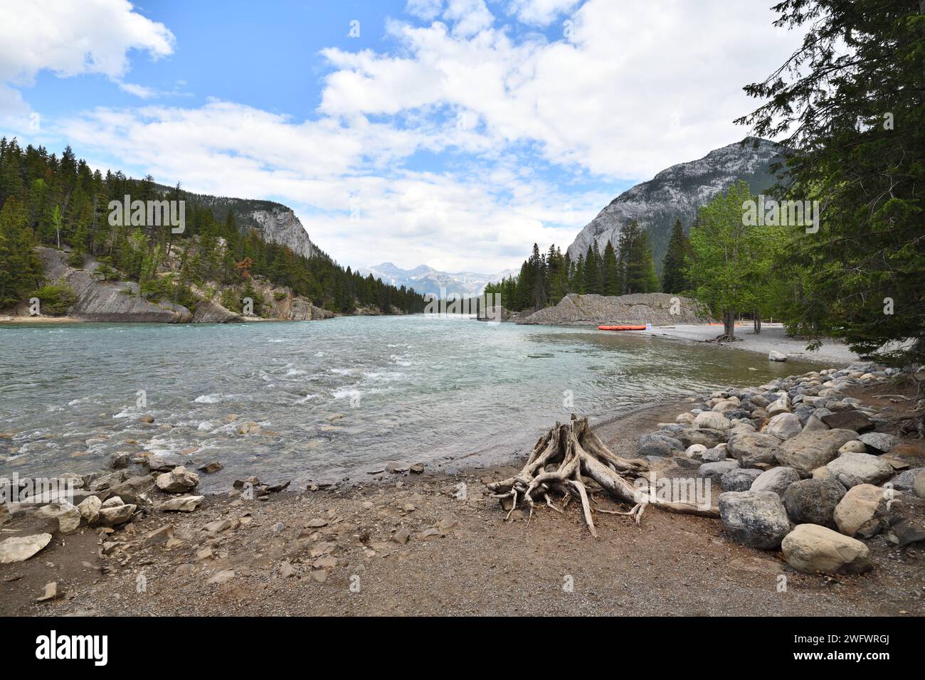 Scenic views from the Bow River Falls viewpoint in the Rocky Mountains ...