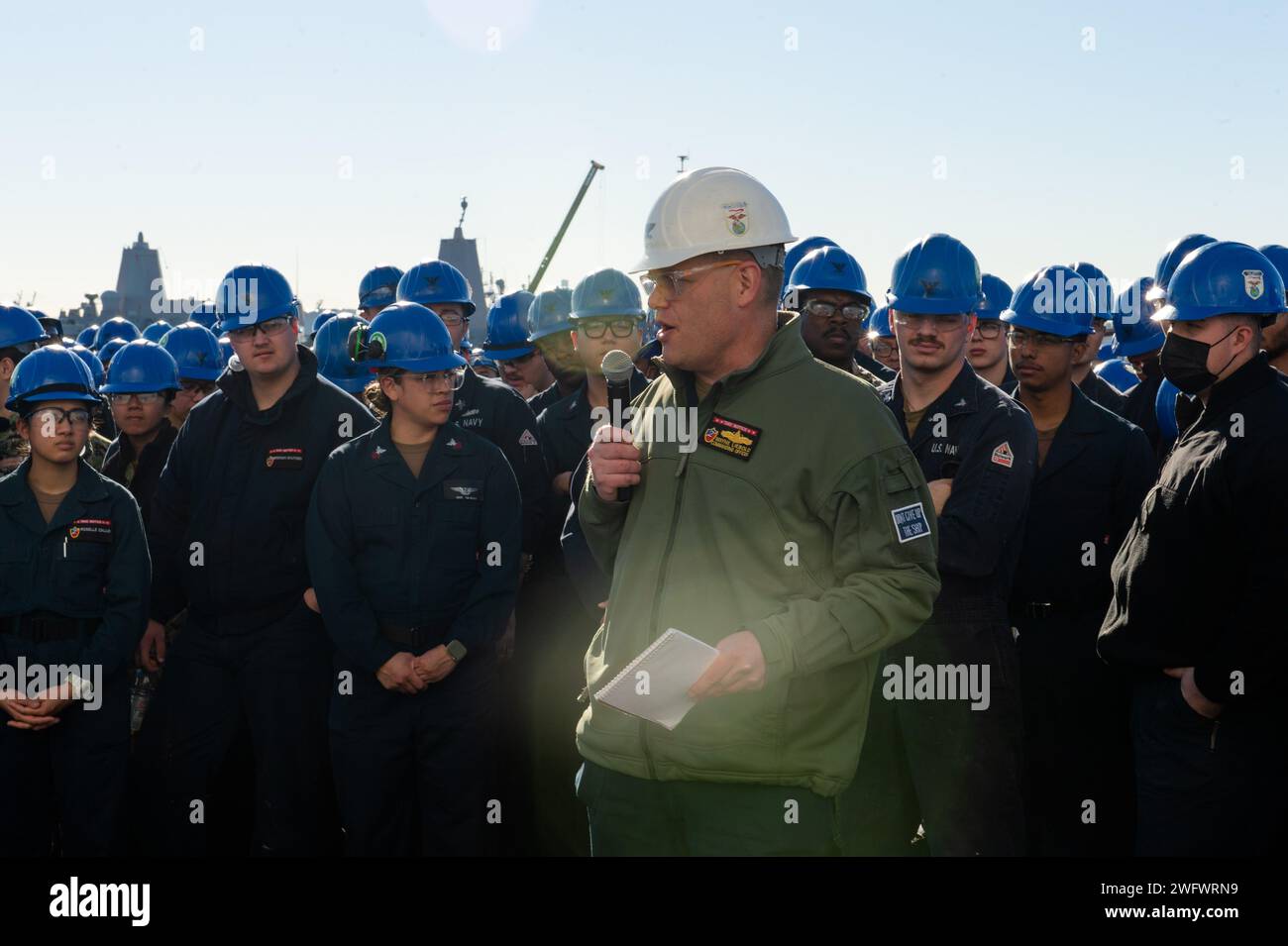 Capt Wayne Liebold Commanding Officer Of Amphibious Assault Ship Uss Essex Lhd 2 Speaks To