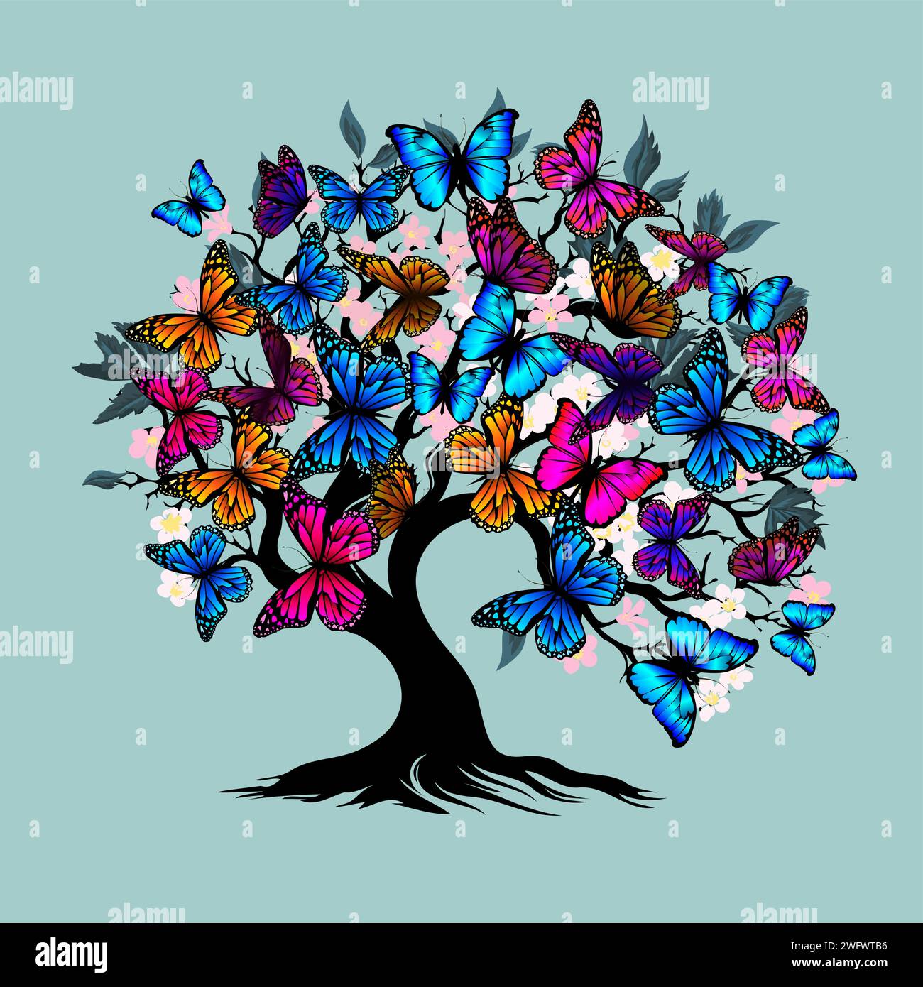 Tree with butterflies. hand drawing. Not AI, Vector illustration Stock ...