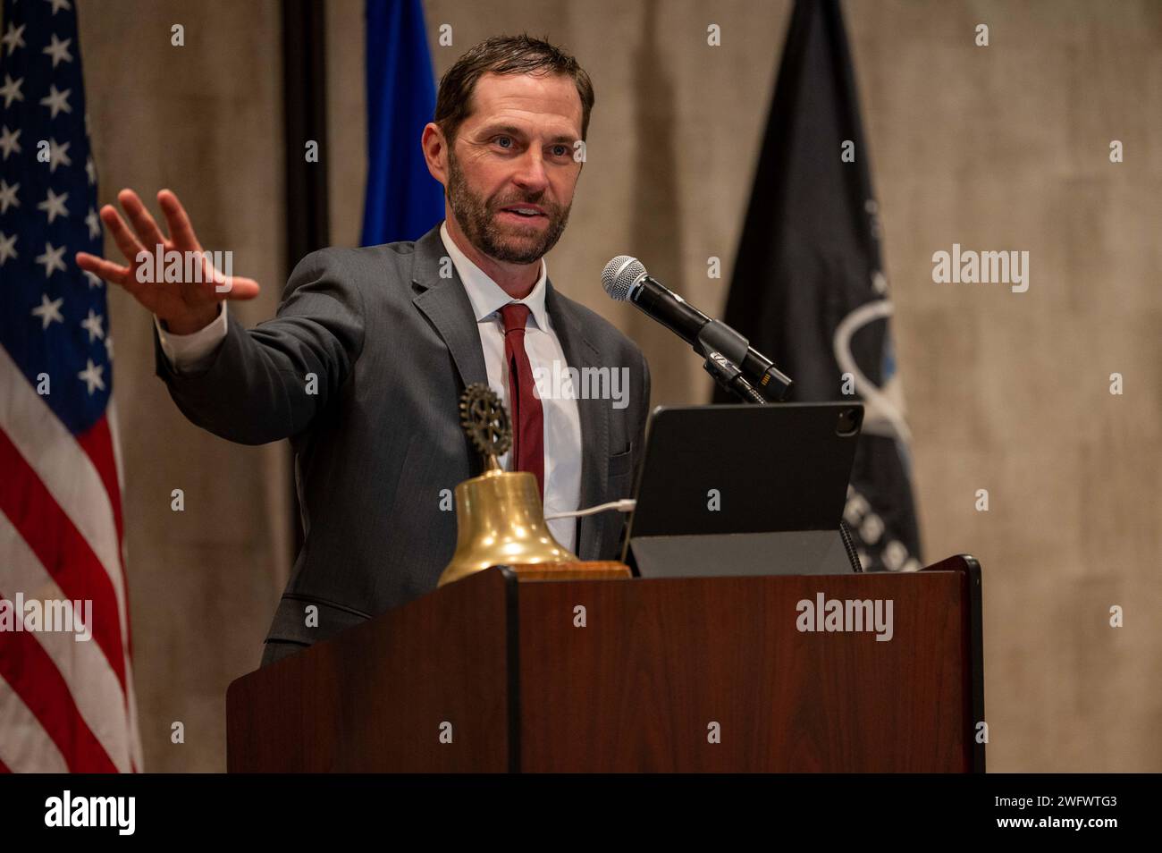 Representative Jason Crow speaks to Buckley Space Force Base senior ...
