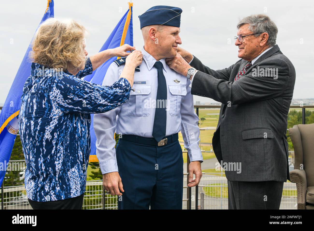 U.S. Air Force Brig. Gen. Nicholas Evans, center, 18th Wing commander ...