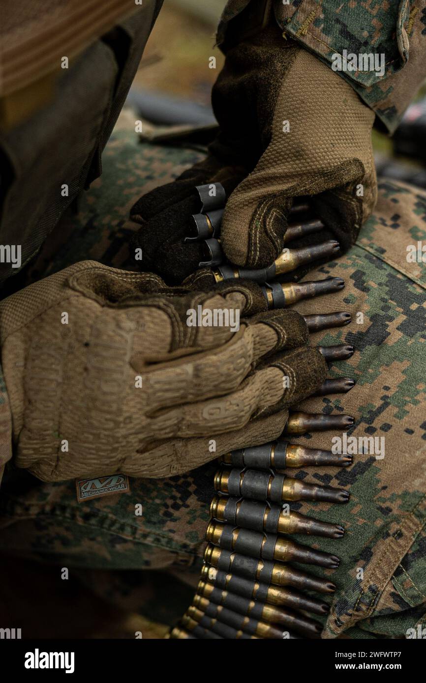 U.S. Marine Corps Lance Cpl. Malachi Bellamy prepares ammunition for an ...