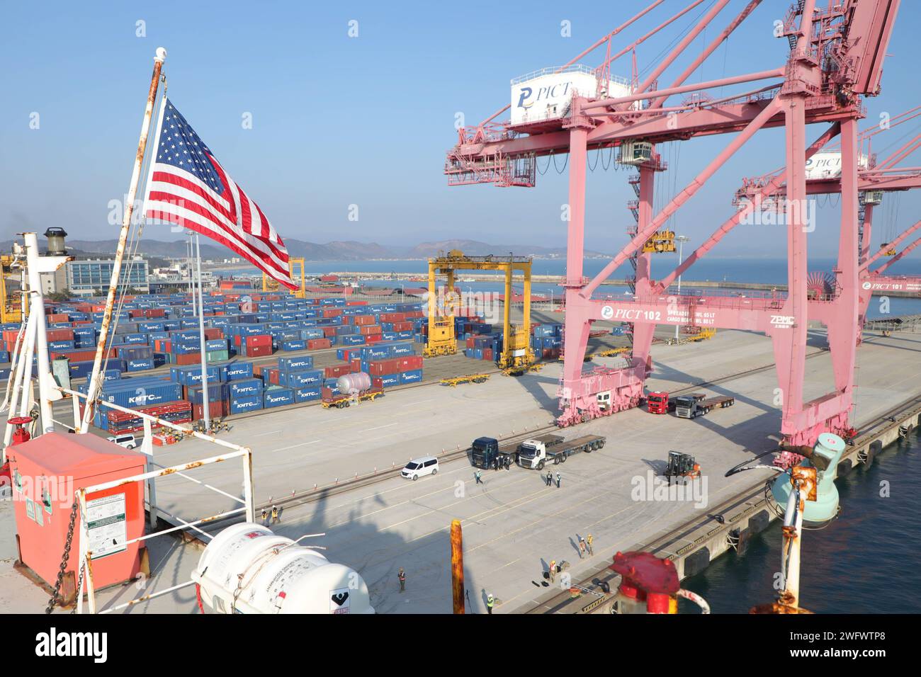 An overview of Port of Pohang, Republic of Korea during a vehicle ...
