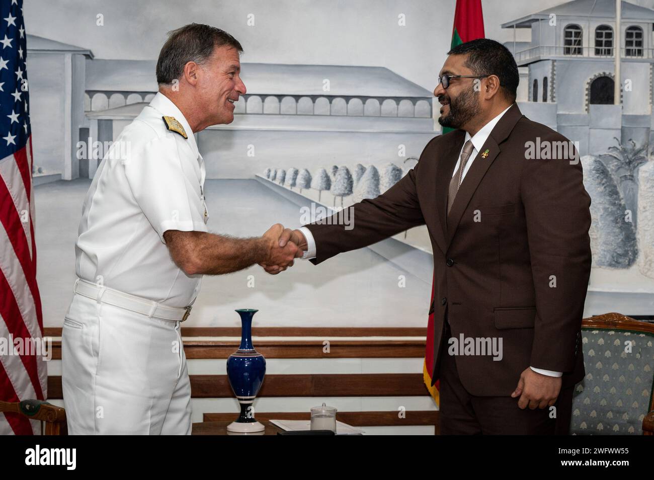 Maldives Minister of Defence Ghassan Maumoon meets with Adm. John C. Aquilino, Commander of U.S ...