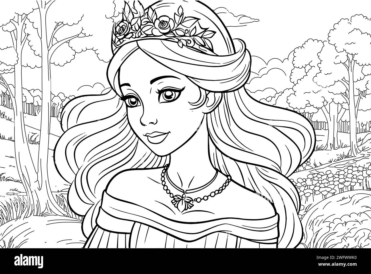 Young princess portrait coloring page. Outline black ink drawing ...
