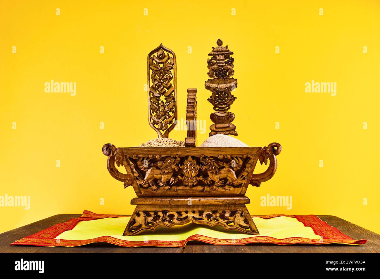 Losar Tibetan New Year. A Chemar box for Tibetan New Year with roasted barley and barley flour ...