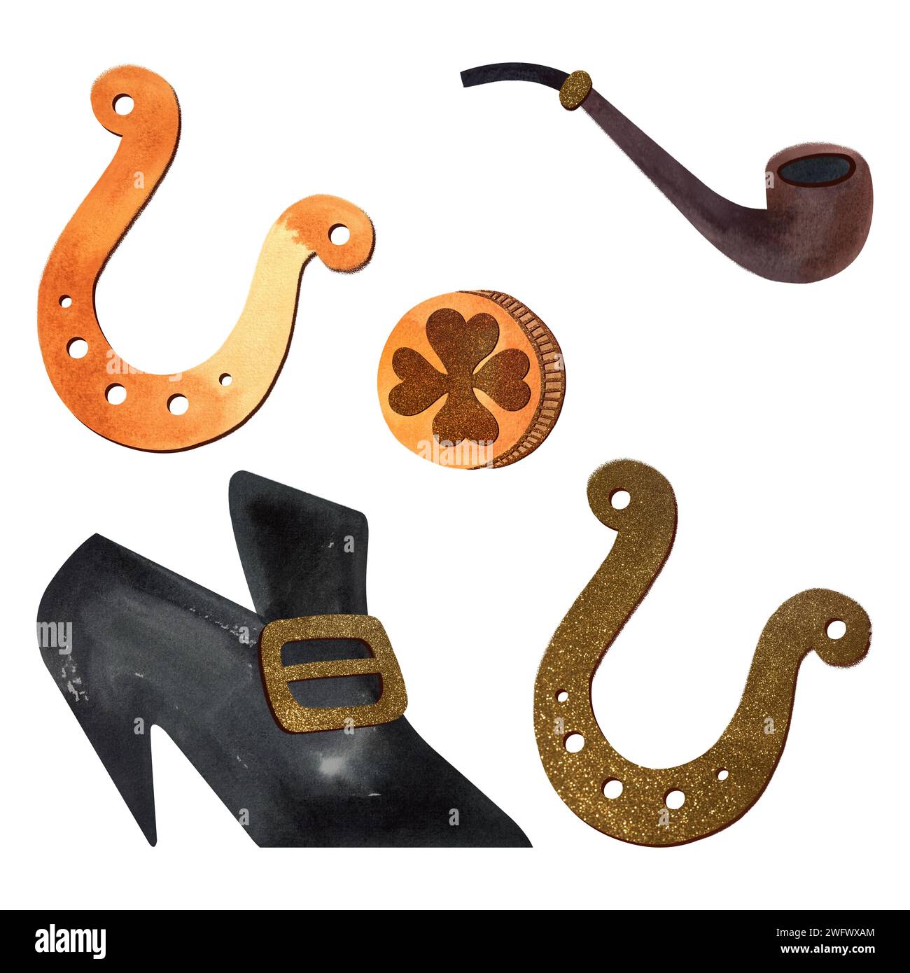 Leprechaun set: smoking pipe, old-fashioned shoe with gold buckle ...
