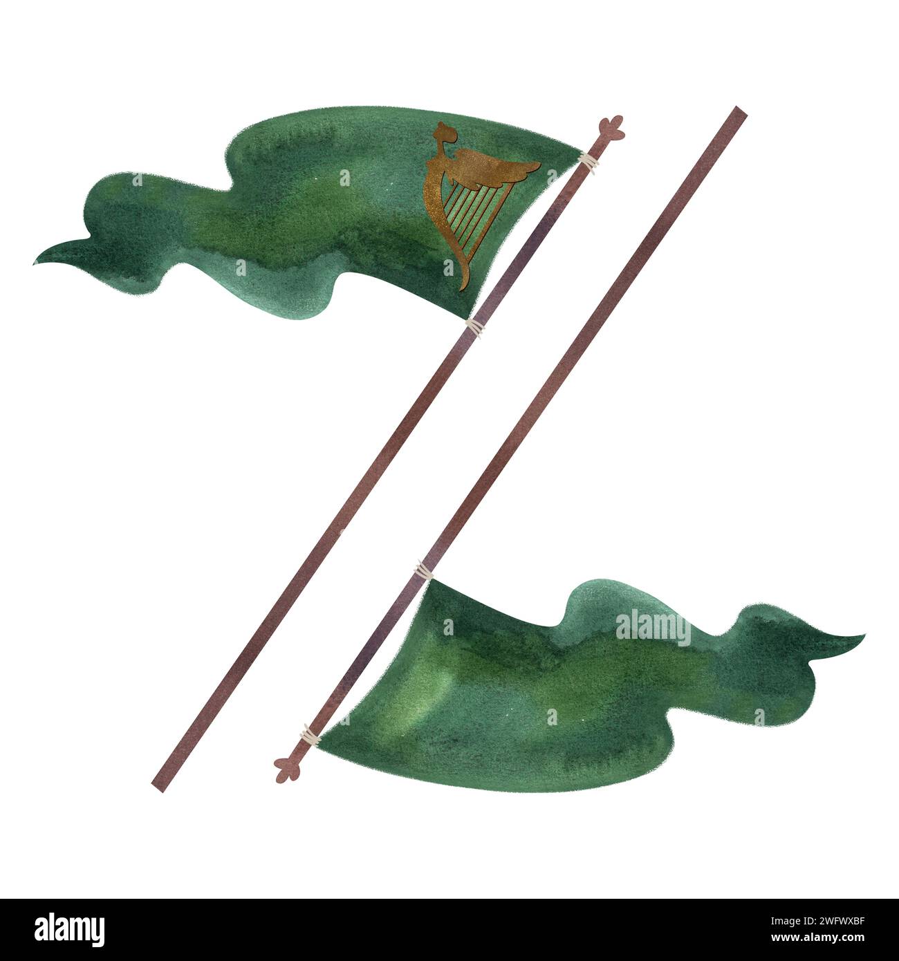 A fluttering green banner on a long pole. Vintage flag of Ireland with ...