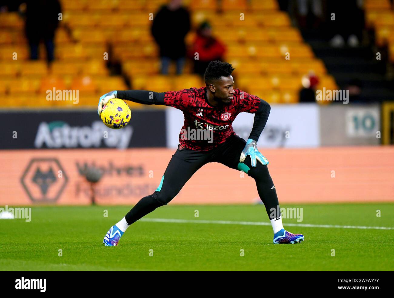 Manchester United goalkeeper Andre Onana warms up ahead of the Premier ...