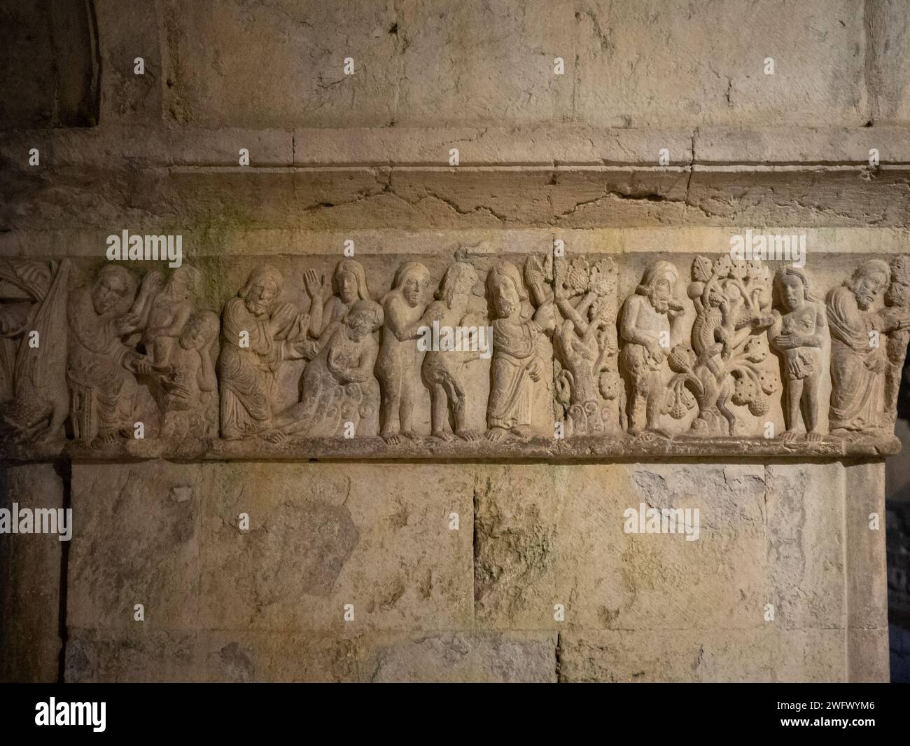 Bas relief with the creation of Eve and the snake temptation, Girona ...