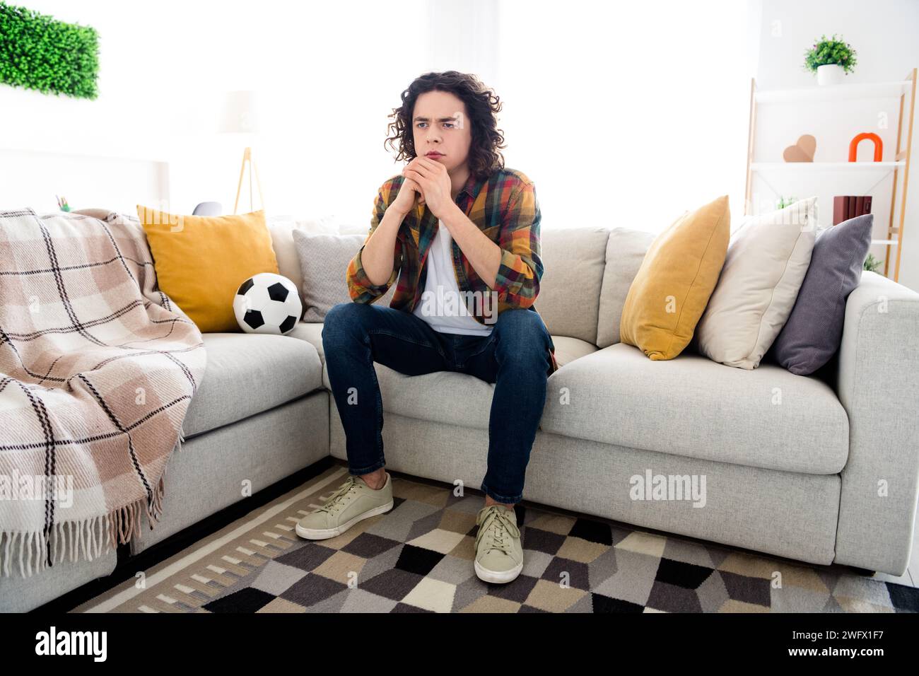 Full length photo of unhappy upset guy dressed checkered shirt favorite ...