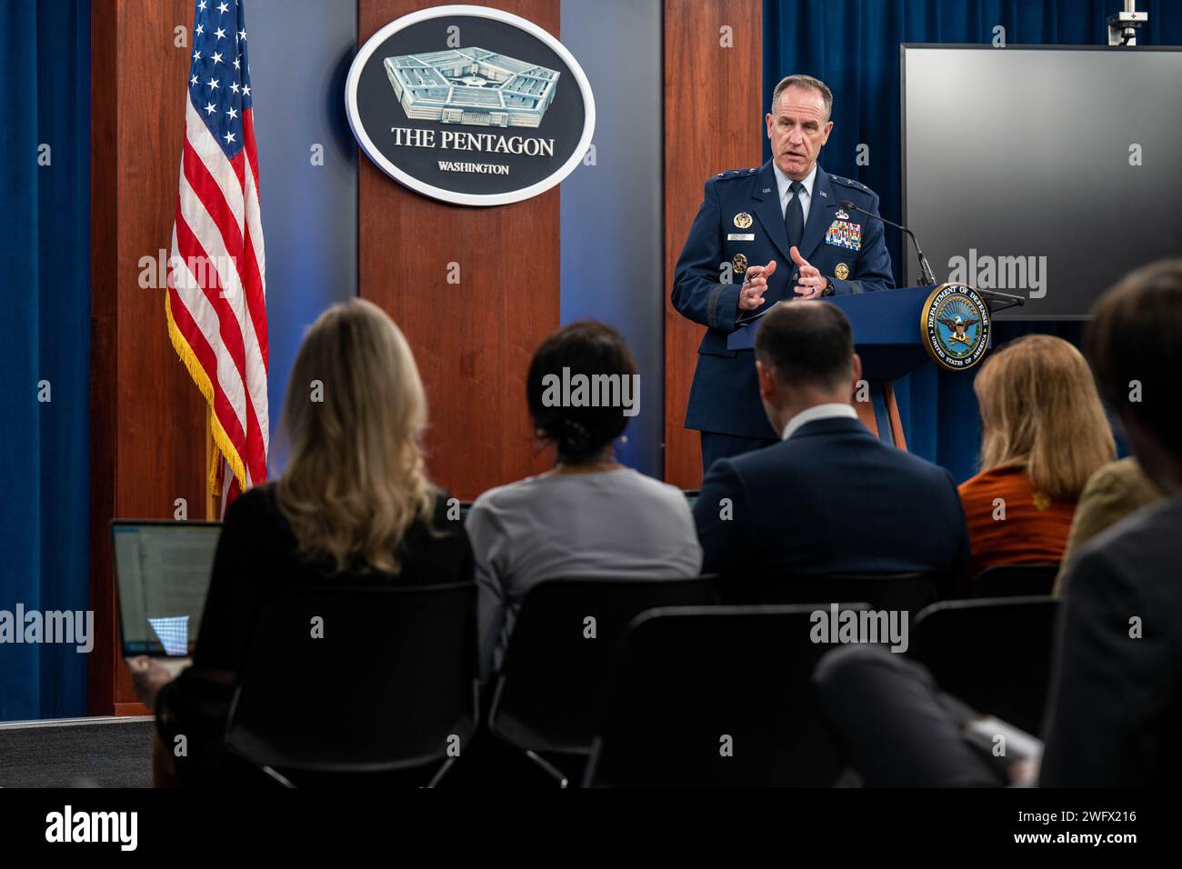 Pentagon Press Secretary U.S. Air Force Maj. Gen. Pat Ryder addresses members of the press ...