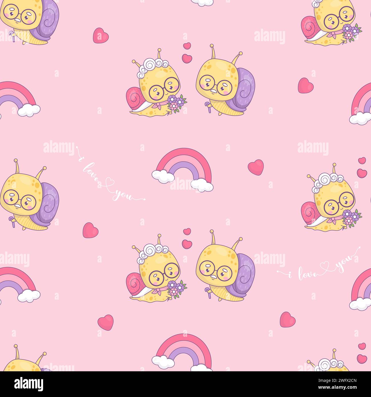 Seamless romantic pattern with loving couple elderly snails. Funny grandparents insects kawaii ...