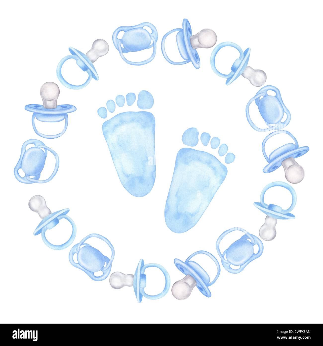 Blue pacifier round frame, dummy for newborn, boy footprints. Baby ...