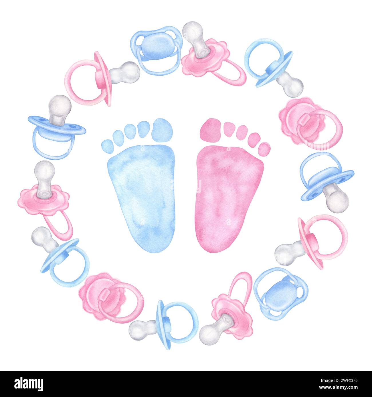 Pink blue pacifier round frame, newborn girl boy twins footprints. Baby ...