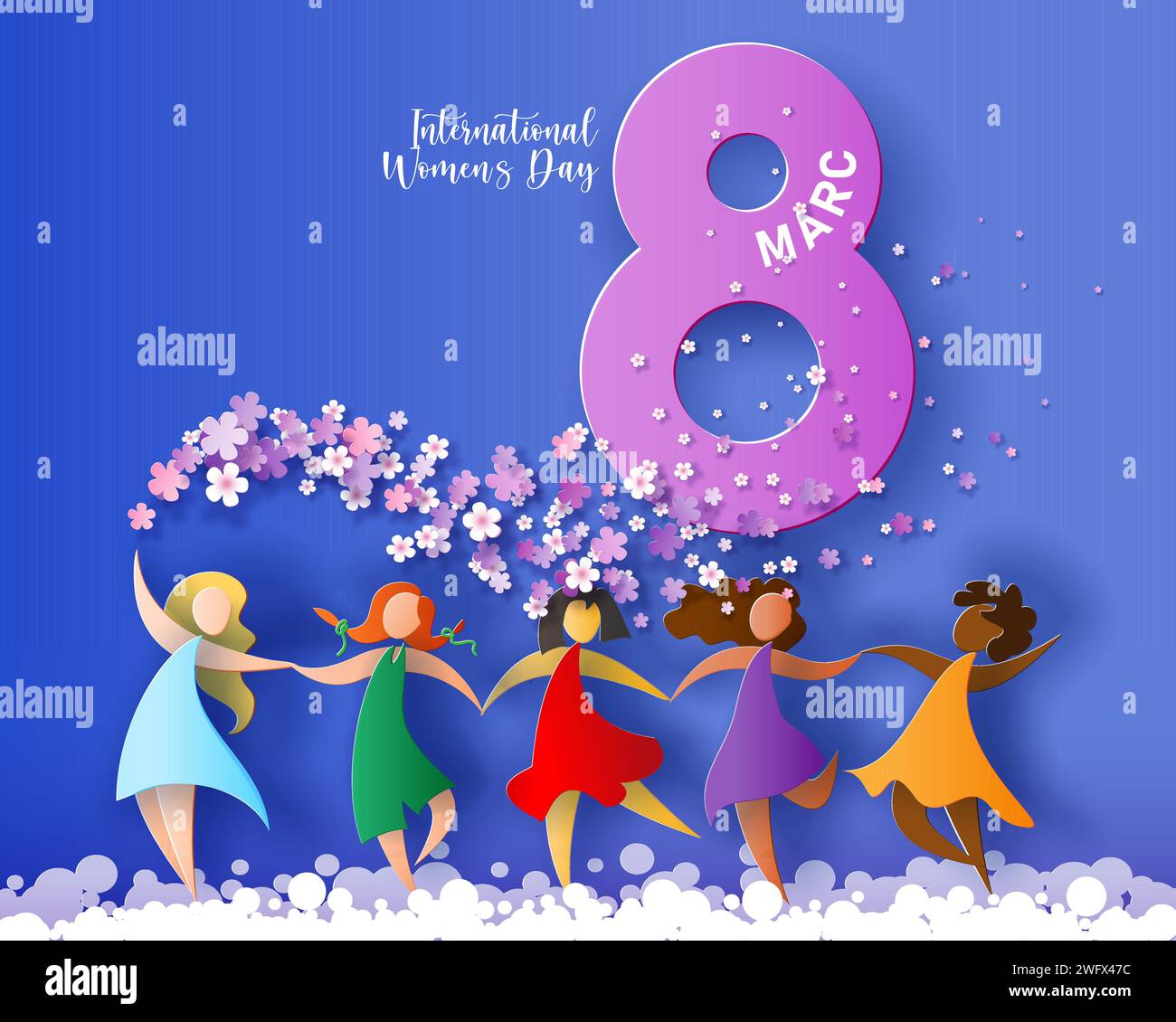 Card for 8 March women's day. Women different nationalities dancing ...