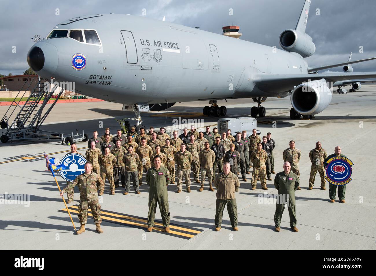 U.S. Airmen assigned to the 9th Air Refueling Squadron pose for a group ...