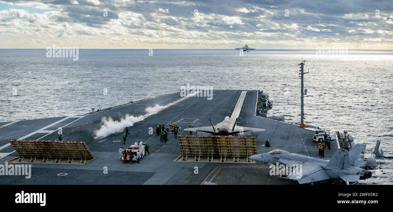 An F-18F Super Hornet assigned to Strike Fighter Squadron (VFA) 147 launches from the flight ...
