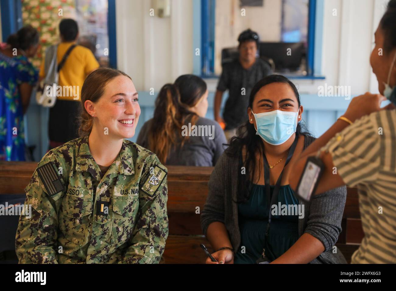 U.S. Navy Ens. Dori Russo, from Rockford, Illinois, learns Chuukese words from local nurses at ...