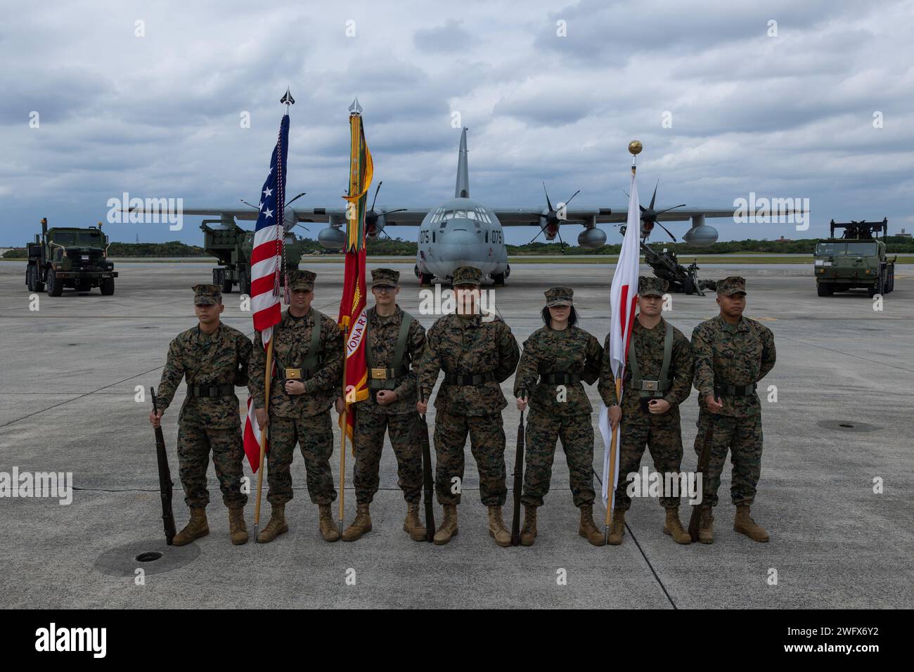 U.S. Marines with III Marine Expeditionary Force color guard teams pose ...