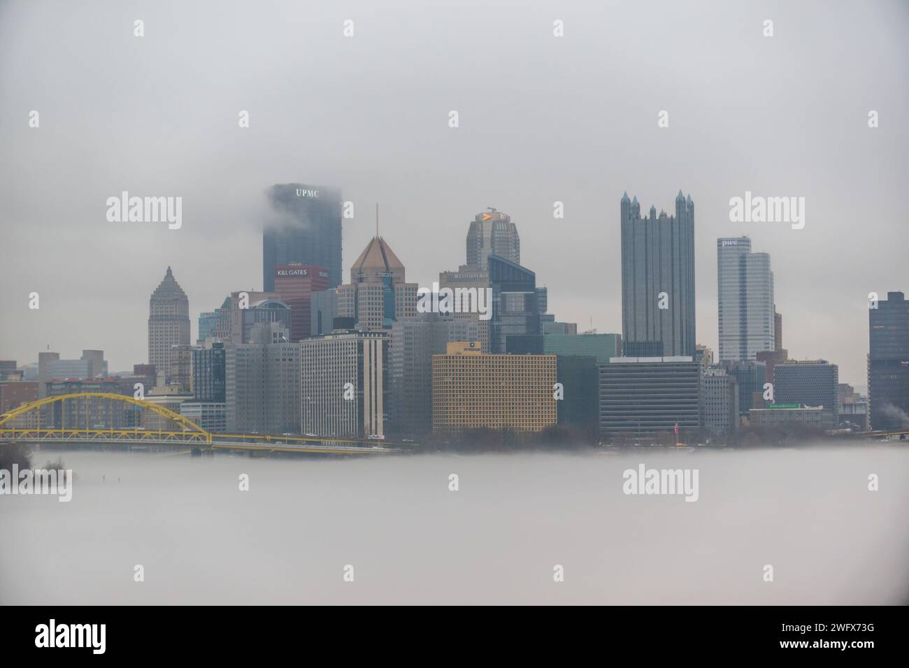 Fog forms around Pittsburgh’s cityscape after the snow and ice melt on ...