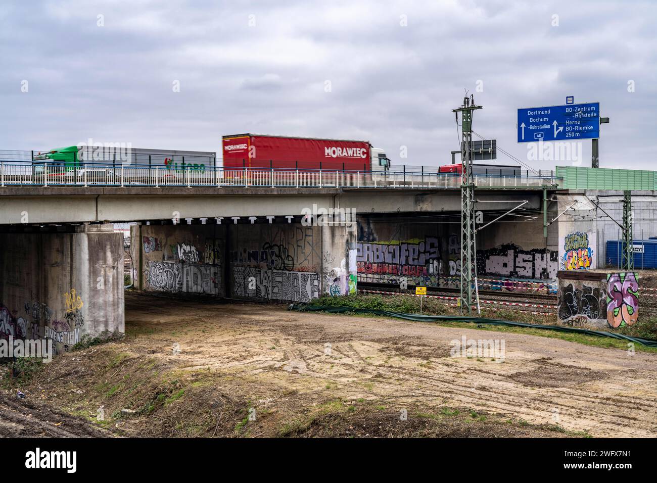 Freeway bridge of the A40, over a 3-track railroad line, between Bochum ...