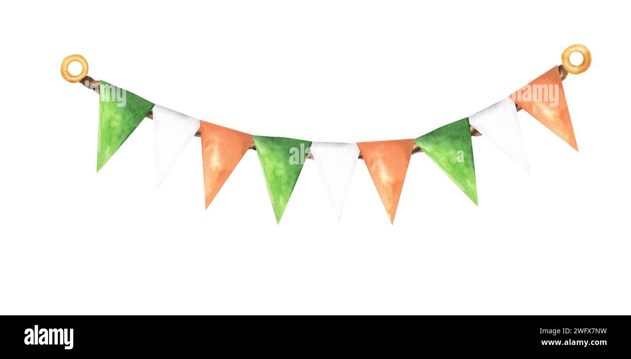 Watercolor drawing of festive tricolor flag bunting. Orange, green and ...