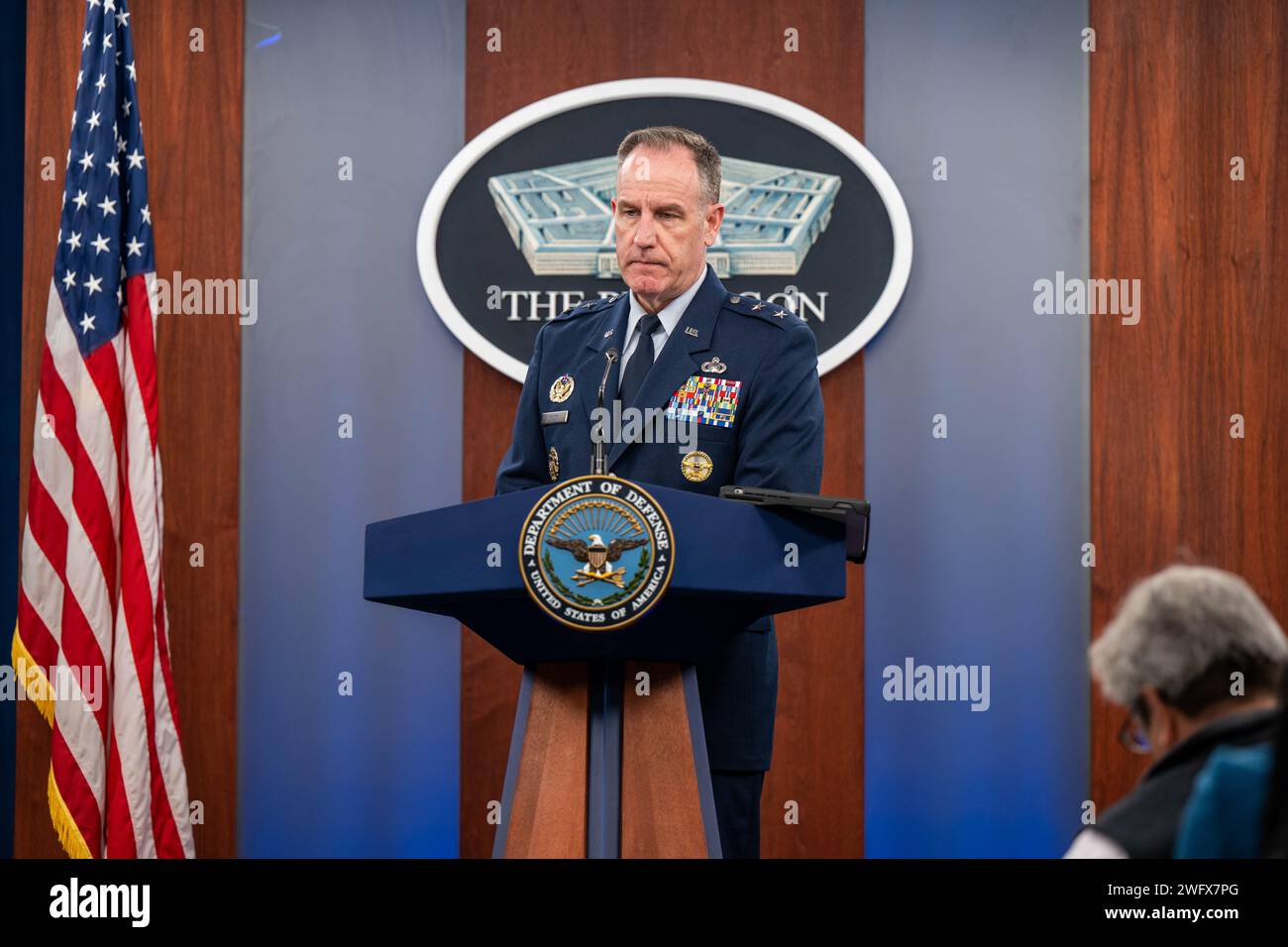 Pentagon Press Secretary U.S. Air Force Maj. Gen. Pat Ryder conducts a press briefing at the ...