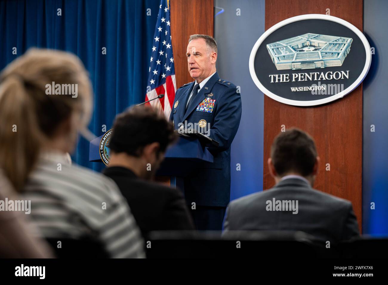Pentagon Press Secretary U.S. Air Force Maj. Gen. Pat Ryder conducts a press briefing at the ...