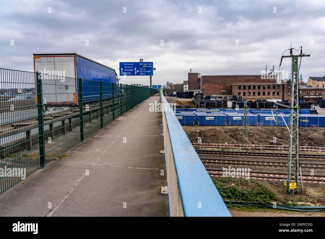 Freeway bridge of the A40, over a 3-track railroad line, between Bochum ...