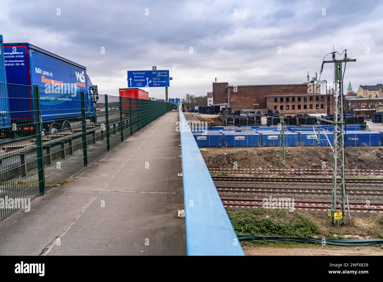Freeway bridge of the A40, over a 3-track railroad line, between Bochum ...