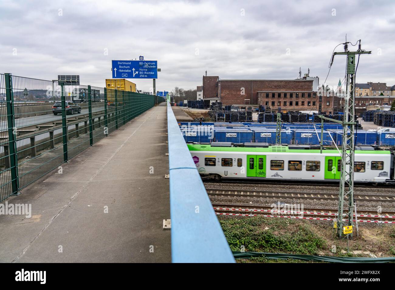Freeway bridge of the A40, over a 3-track railroad line, between Bochum ...