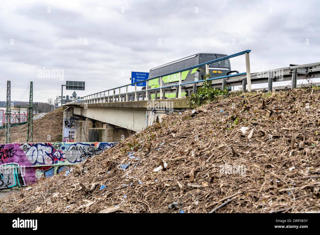 Freeway bridge of the A40, over a 3-track railroad line, between Bochum ...