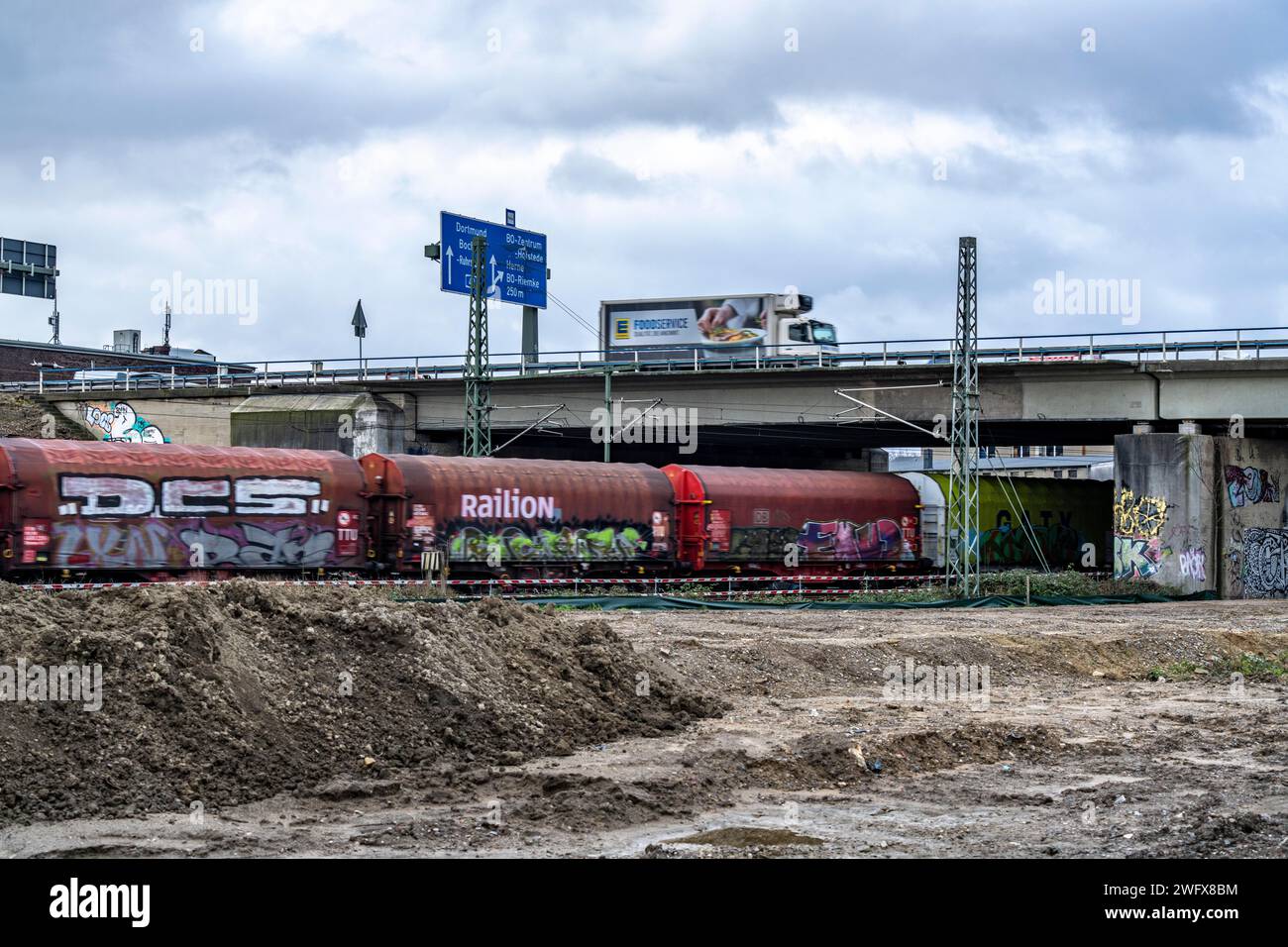Freeway bridge of the A40, over a 3-track railroad line, between Bochum ...