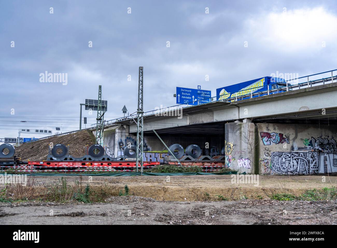 Freeway bridge of the A40, over a 3-track railroad line, between Bochum ...