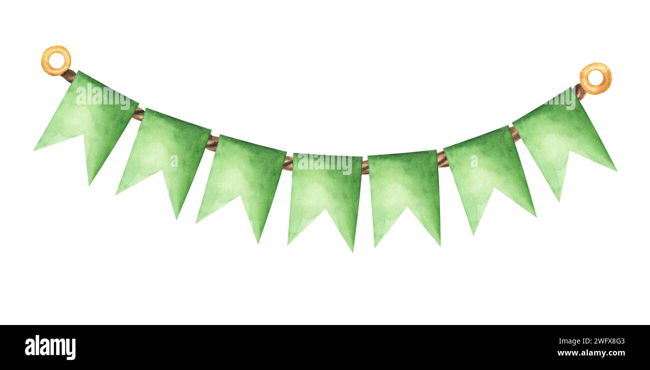 Water color drawing of festive green flag bunting. Hand drawn ...