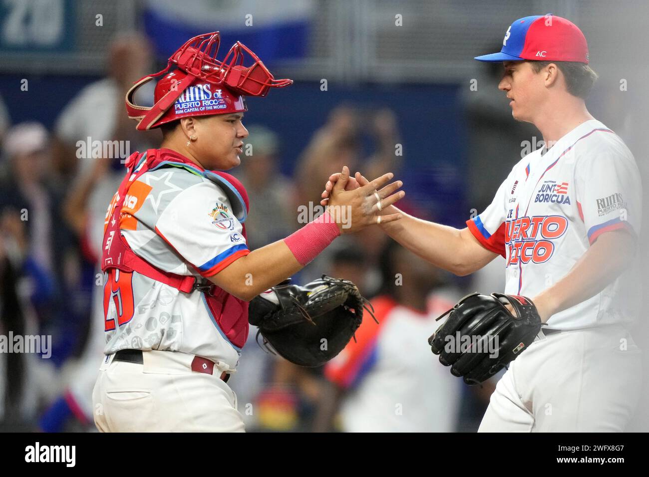 Puerto Rico catcher Jonathan Morales, left, and relief pitcher Lincoln ...