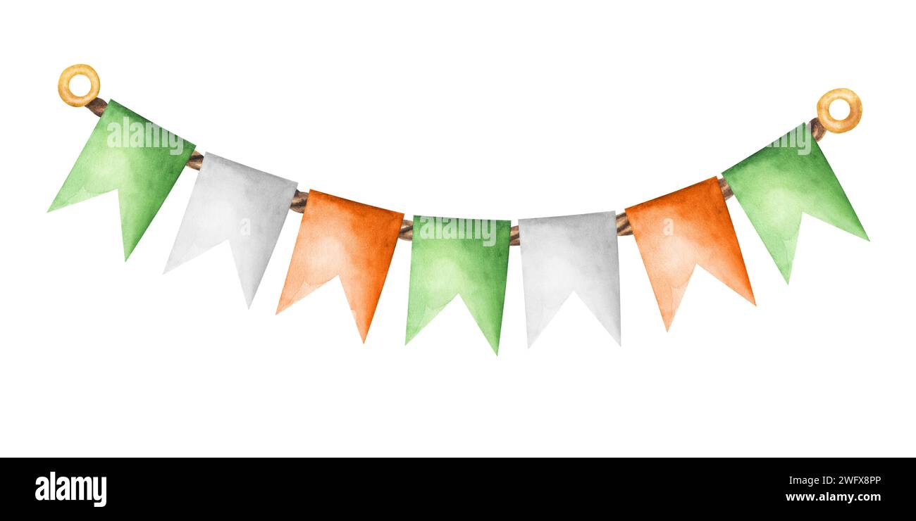 Watercolor drawing of festive tricolor flag bunting. Orange, green and ...