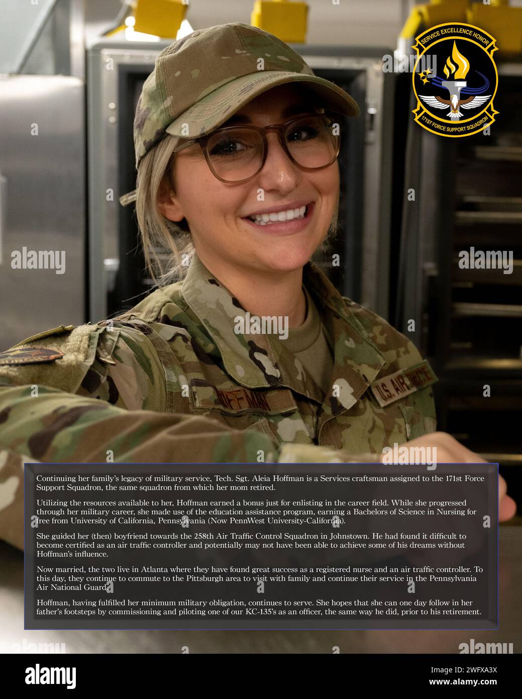Tech. Sgt. Aleia Hoffman poses for a photo during food service at the 171st Air Refueling Wing ...