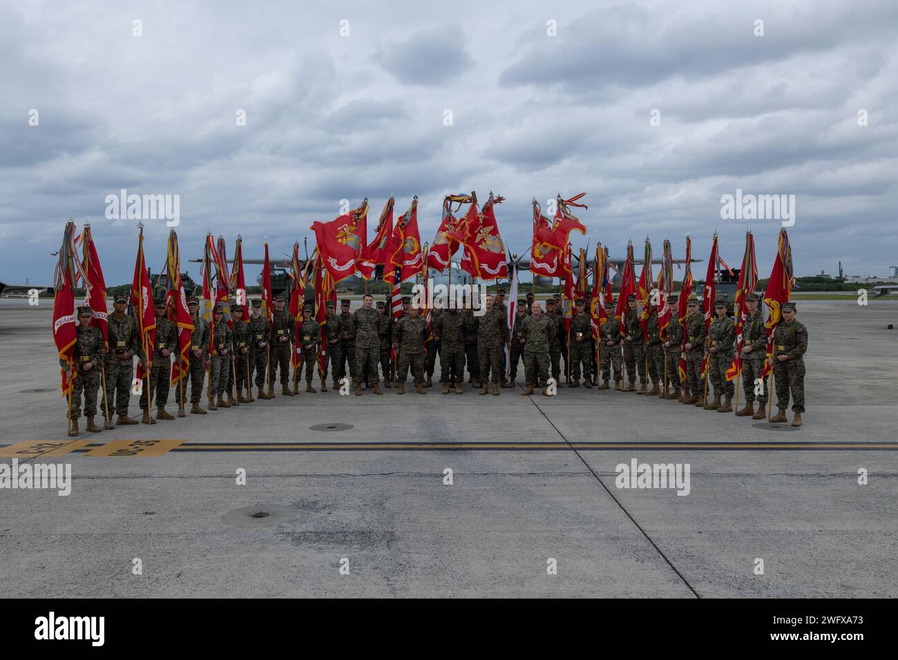 U.S. Marines with III Marine Expeditionary Force color guard teams pose ...