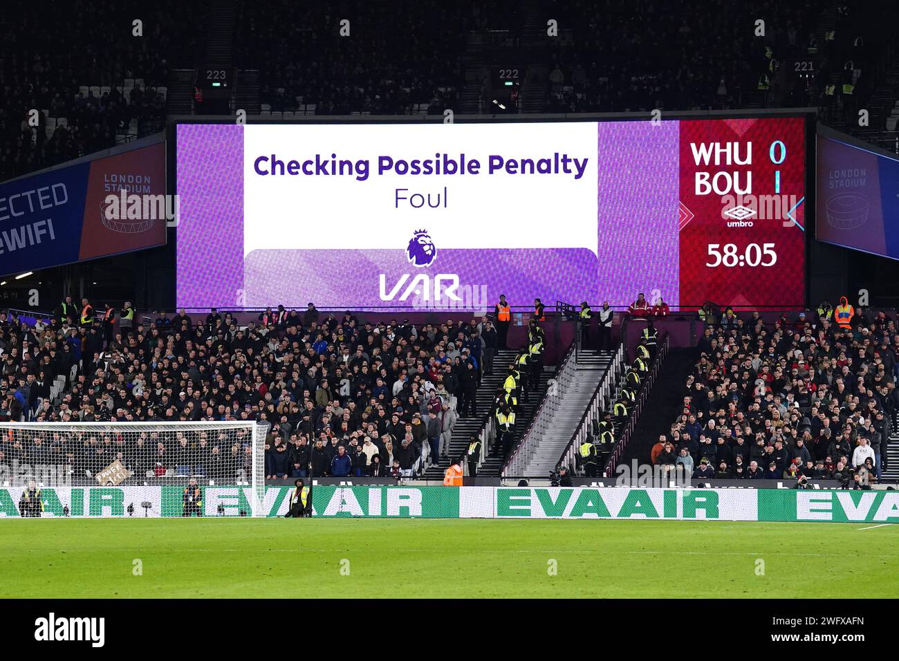 General view of the large screen showing a VAR check on a possible ...