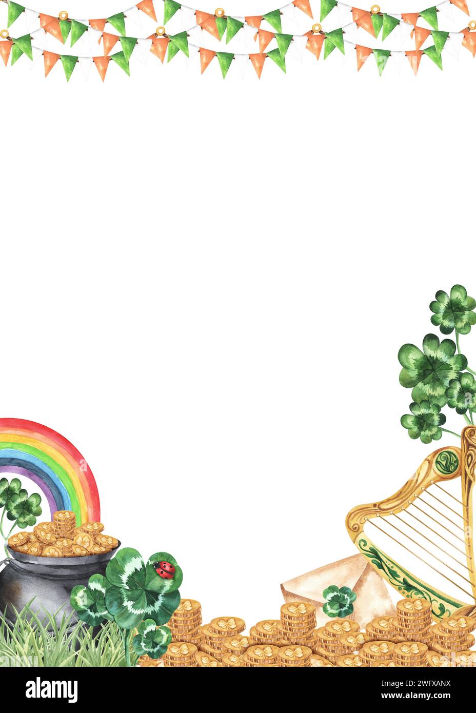 St. Patrick's Day watercolor decoration card. Rainbow, harp, pot of ...